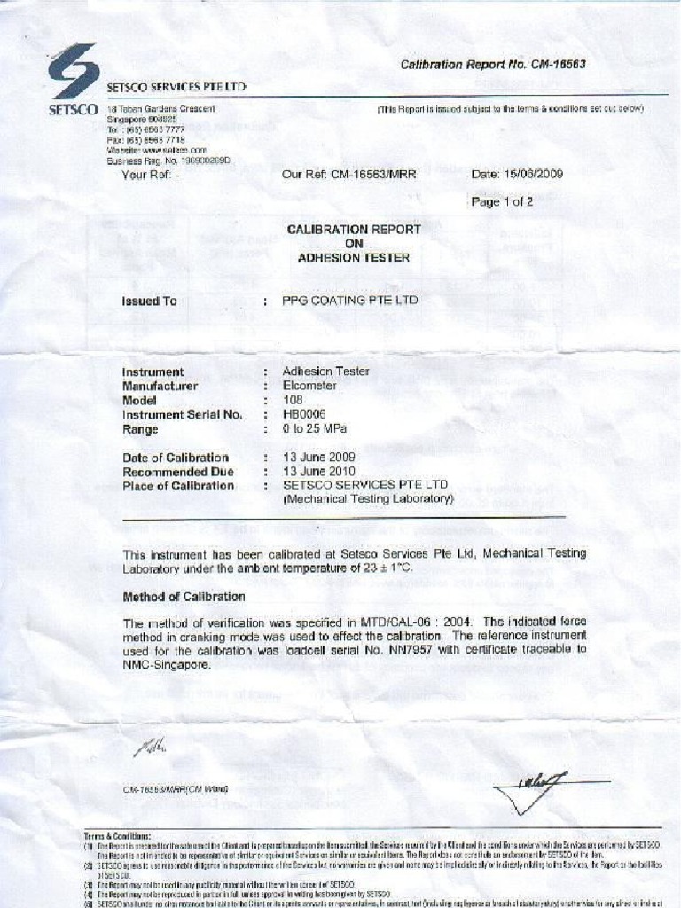 Pull-Off Adhesion Tester Calibration Test Report CM-16563 | PDF
