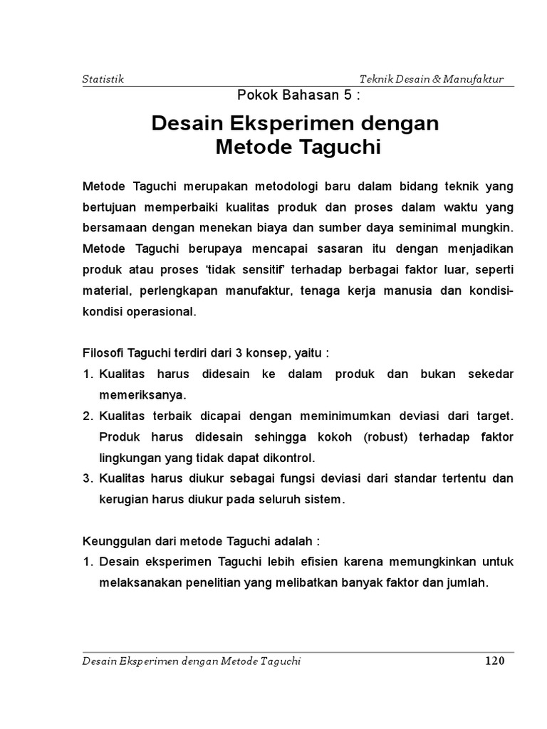 Kuliah Statistik Materi Desain Eksperimen Dengan Metode Taguchi (Bab 5 ...
