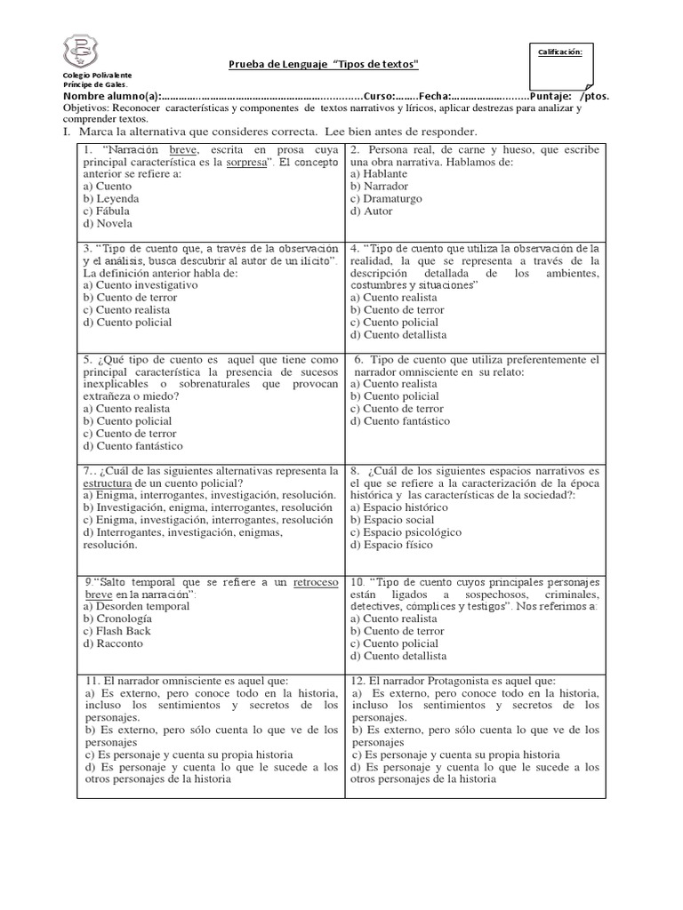 Prueba Tipos de Textos 6° | PDF | Cuentos | Narración