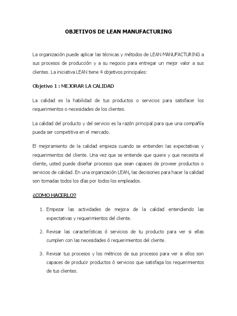 Objetivos de Lean Manufacturing PDF | PDF | Lean Manufacturing | Calidad (comercial)