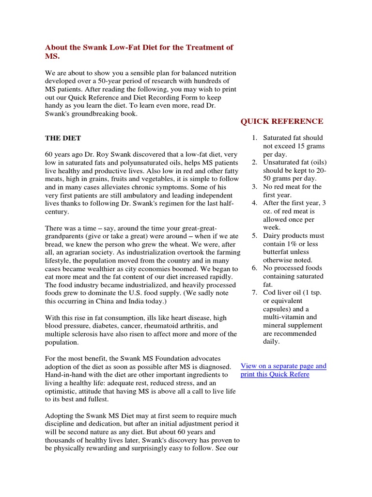 About The Swank Low-Fat Diet For The Treatment of MS. | PDF | Cooking ...