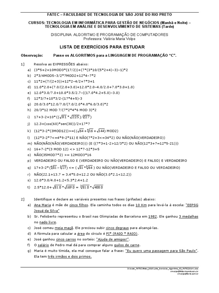Lista de Exercicios - Algoritmo FATEC 2014-2 | PDF | Triângulo | Aritmética