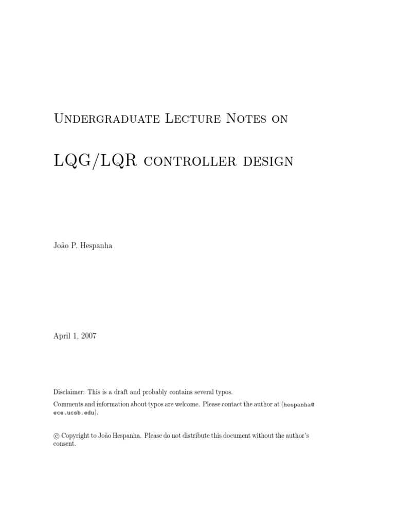 LQG/LQR Controller Design: Undergraduate Lecture Notes On | PDF ...