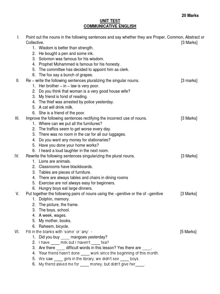 20 Marks Unit Test Communicative English | PDF