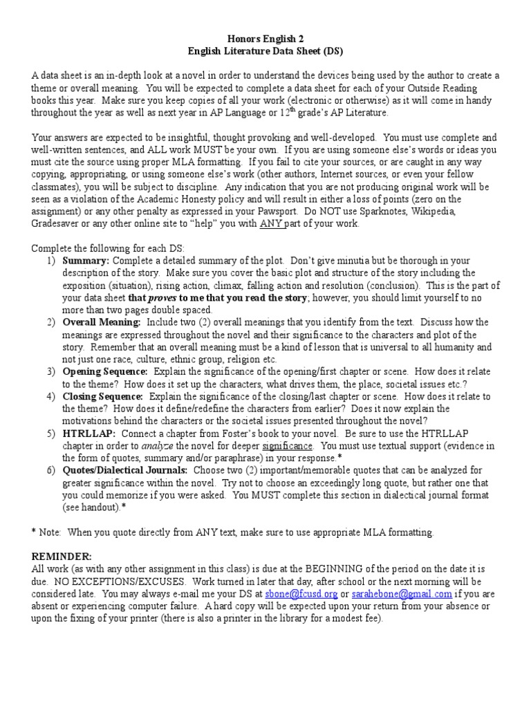 Honors English 2 English Literature Data Sheet (DS) | PDF