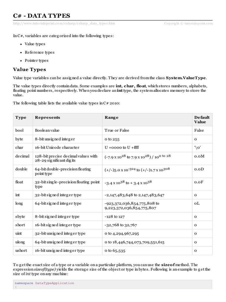 3 - Csharp Data Types | PDF | Data Type | Integer (Computer Science) 3 - Csharp Data Types | PDF | Data Type | Integer (Computer Science)