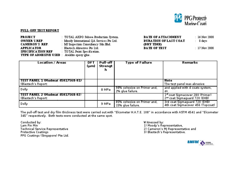 PPG - Pull-Off Test Report Format | Adhesive | Building Engineering