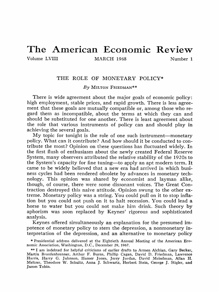 Milton Friedman The Role of Monetary Policy PDF | PDF | Monetary ...