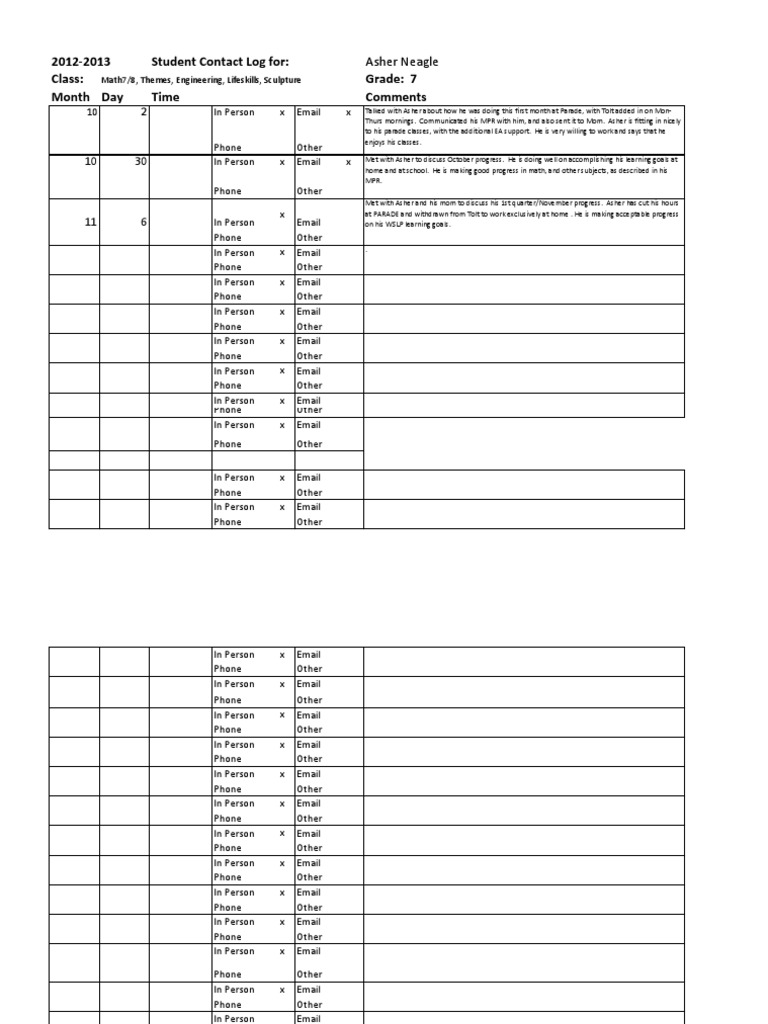 2012-2013 Student Contact Log For: Class: Grade: 7 Month Day Time ...
