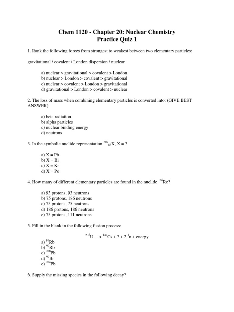 Nuclear Chemistry Practice Quiz | PDF | Neutron | Radioactive Decay