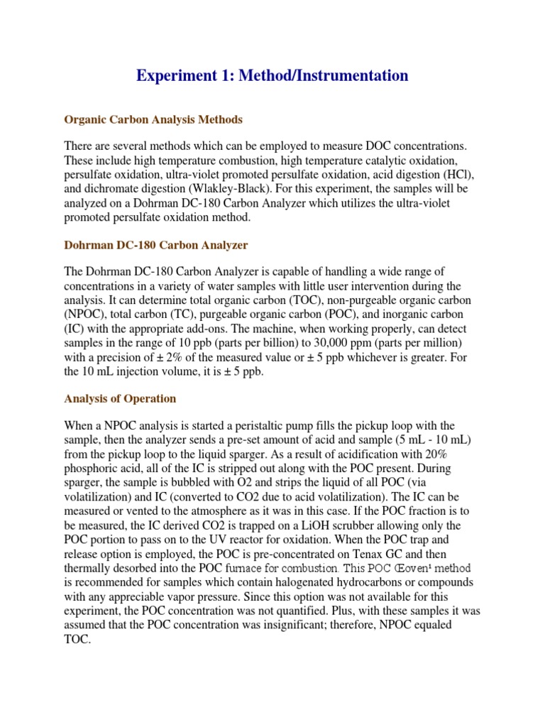 Experiment 1: Method/Instrumentation: Organic Carbon Analysis Methods ...