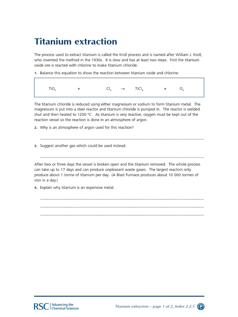 Kroll Process of Titanium Extraction | PDF | Science & Mathematics