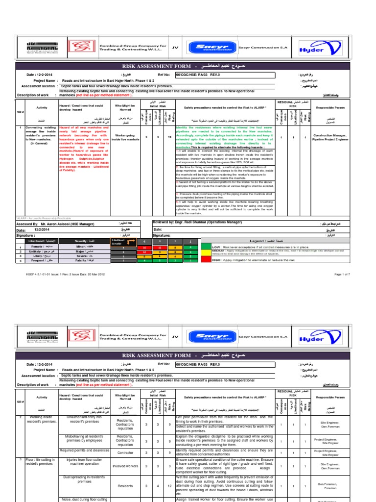 Risk Assessment - Removing Existing Septic Tank and Connection of Live ...