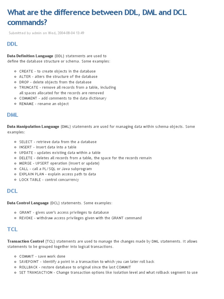 What Are The Difference Between DDL, DML and DCL Commands - Oracle FAQ | PDF