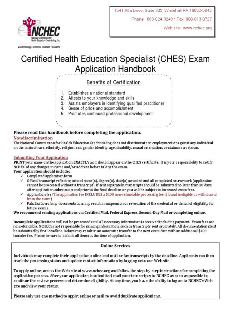 Certified Health Education Specialist (CHES) Exam Application Handbook ...