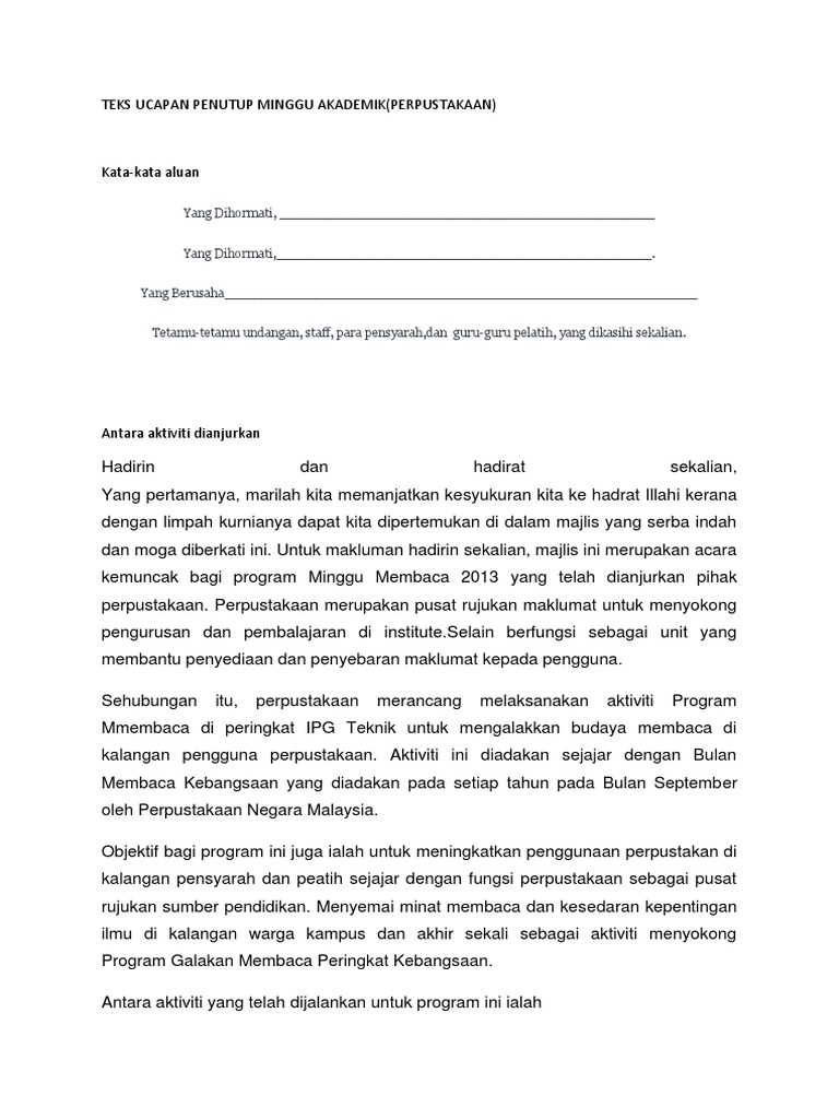 Teks Ucapan Penutup Minggu Akademik | PDF