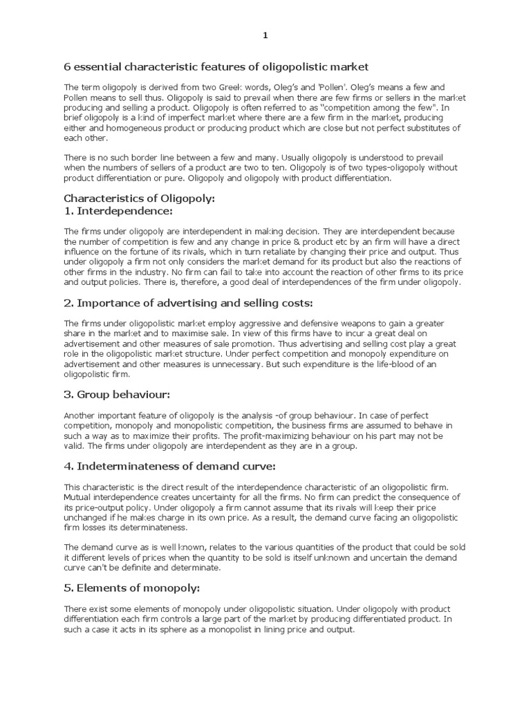 Six Essential Characteristic Features of Oligopolistic Market | PDF ...
