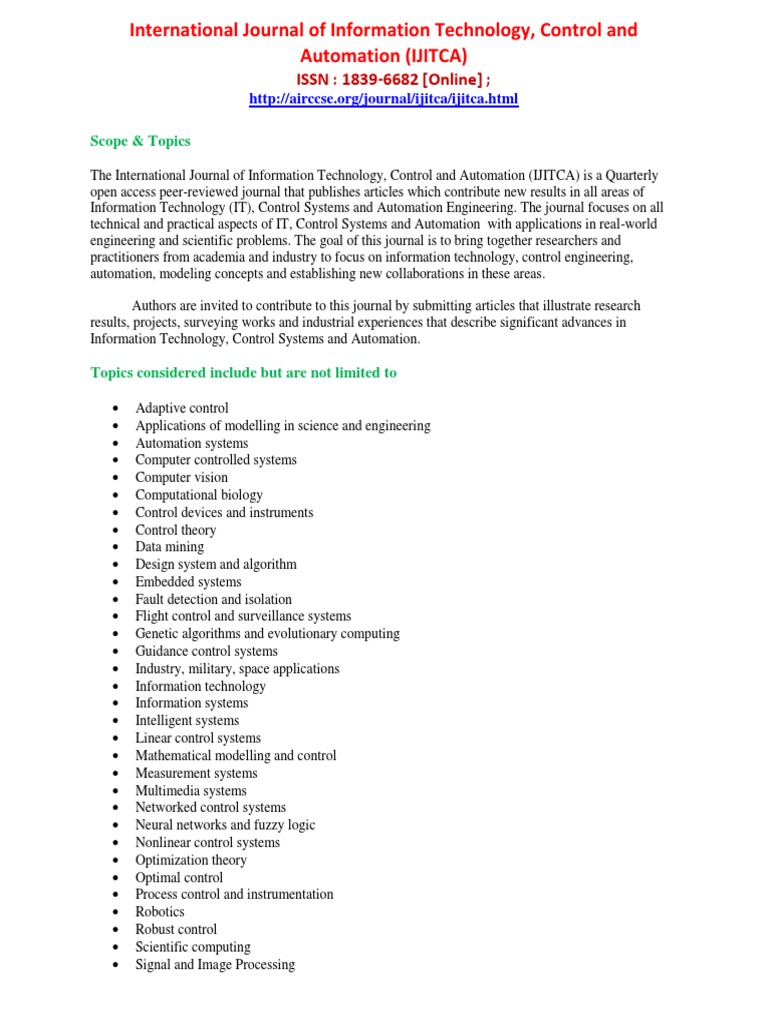 ISSN: 1839-6682 (Online) : Scope & Topics | PDF | Control Theory | Automation