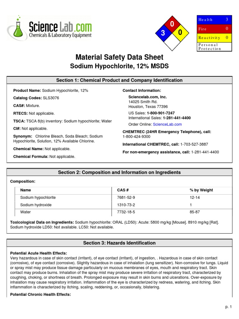 Sodium Hypochlorite, 12% MSDS: Section 1: Chemical Product and Company ...