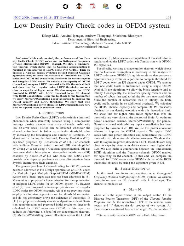 Low Density Parity Check Codes in OFDM System: Dileep M.K, Aravind Iyengar, Andrew Thangaraj ...