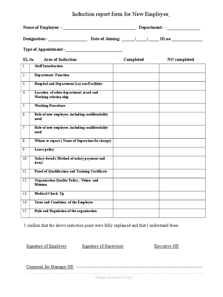Induction Report Form For New Employee: Human Resource Dept | PDF
