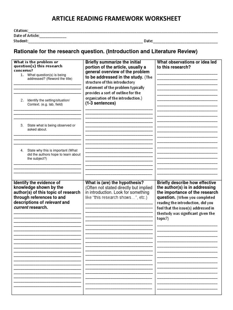Article Reading Framework Worksheet: Rationale For The Research ...