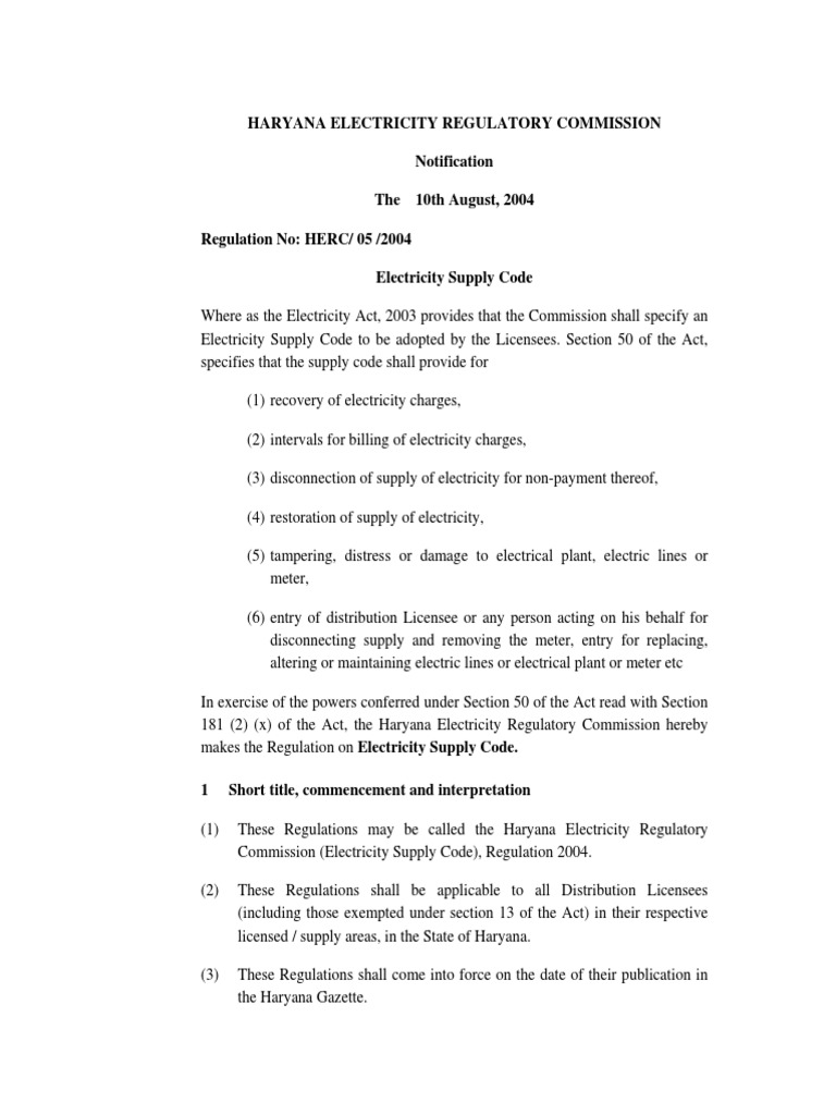 Haryana Electricity Regulatory Commission Notification The 10th August ...