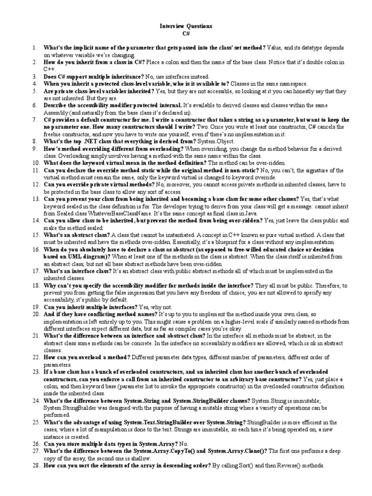 Beginner Level - C# Interview Questions | Inheritance (Object Oriented ...