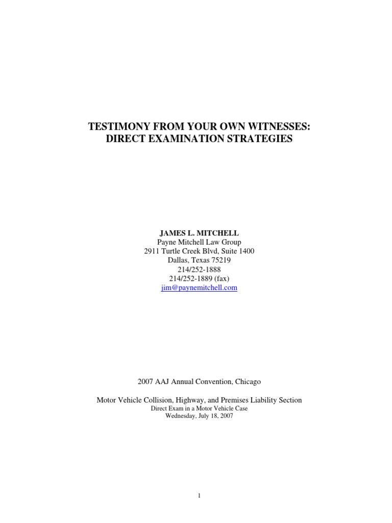 Testimony From Your Own Witnesses: Direct Examination Strategies | PDF ...