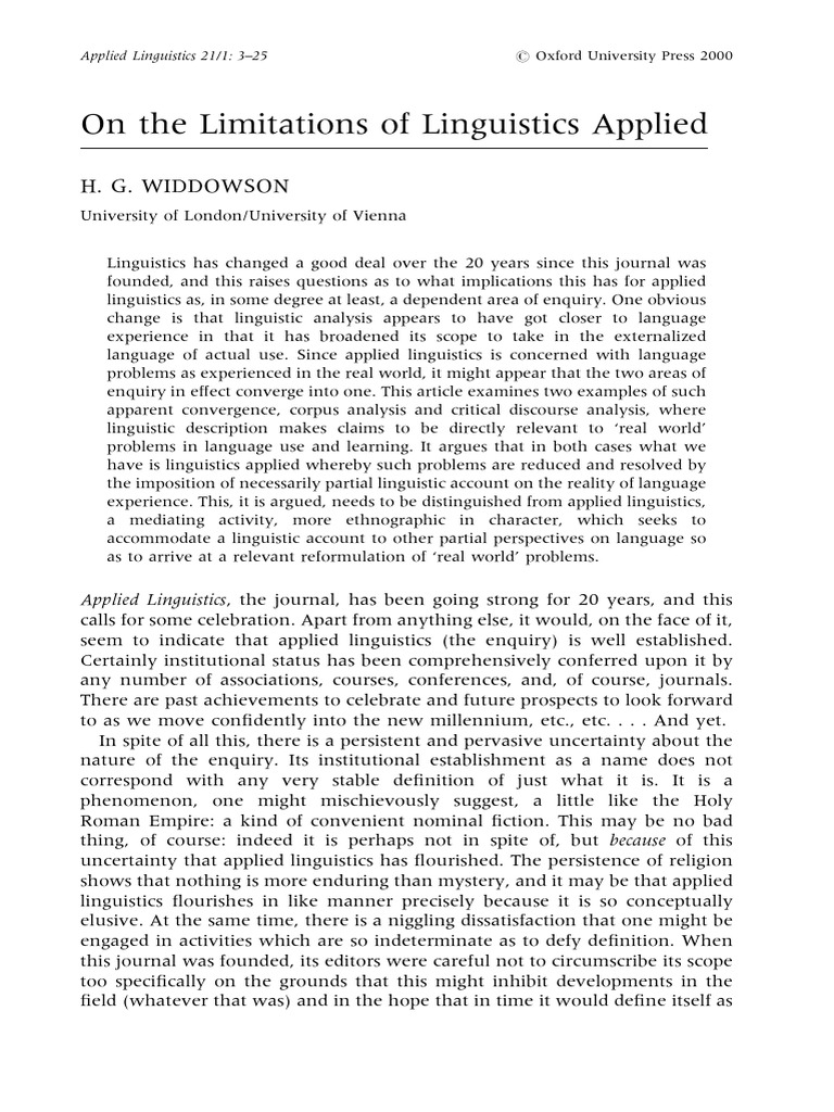 H. G. Widdowson - On The Limitations of Linguistic Applied | PDF ...