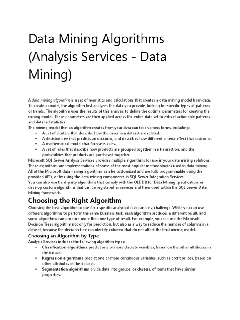Data Mining Algorithms Analysis Services Data Mining Choosing The Right Algorithm Pdf