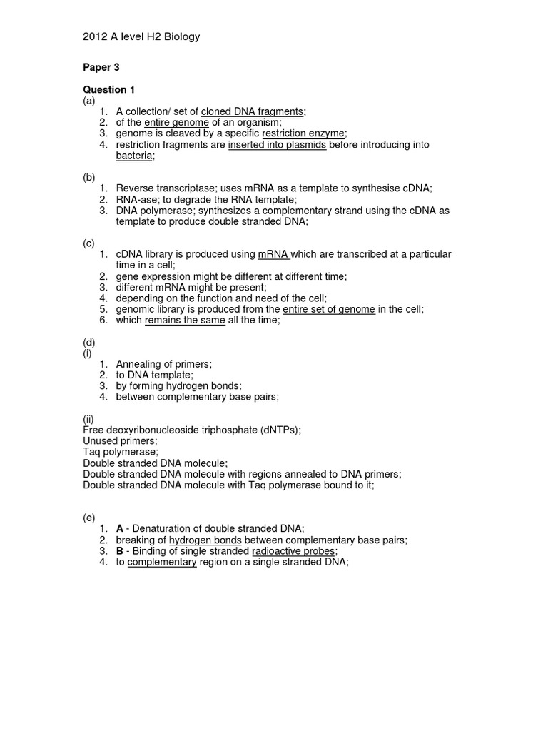 2012 A Level H2 Biology P3 Ans | PDF | Primer (Molecular Biology) | Dna