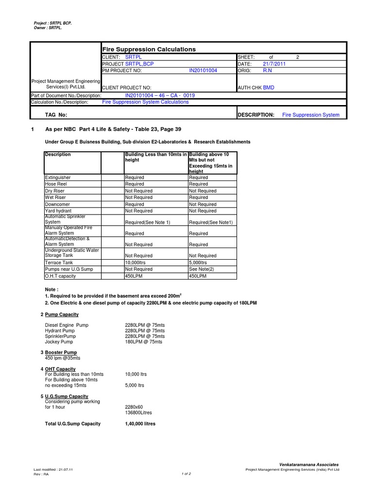 Fire Suppression Calculations: 1 As Per NBC Part 4 Life & Safety ...