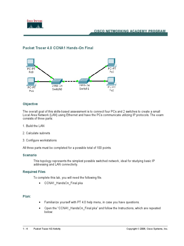 Packet Tracer 4.0 CCNA1 Hands-On Final: Objective | PDF | Ethernet | Local Area Network