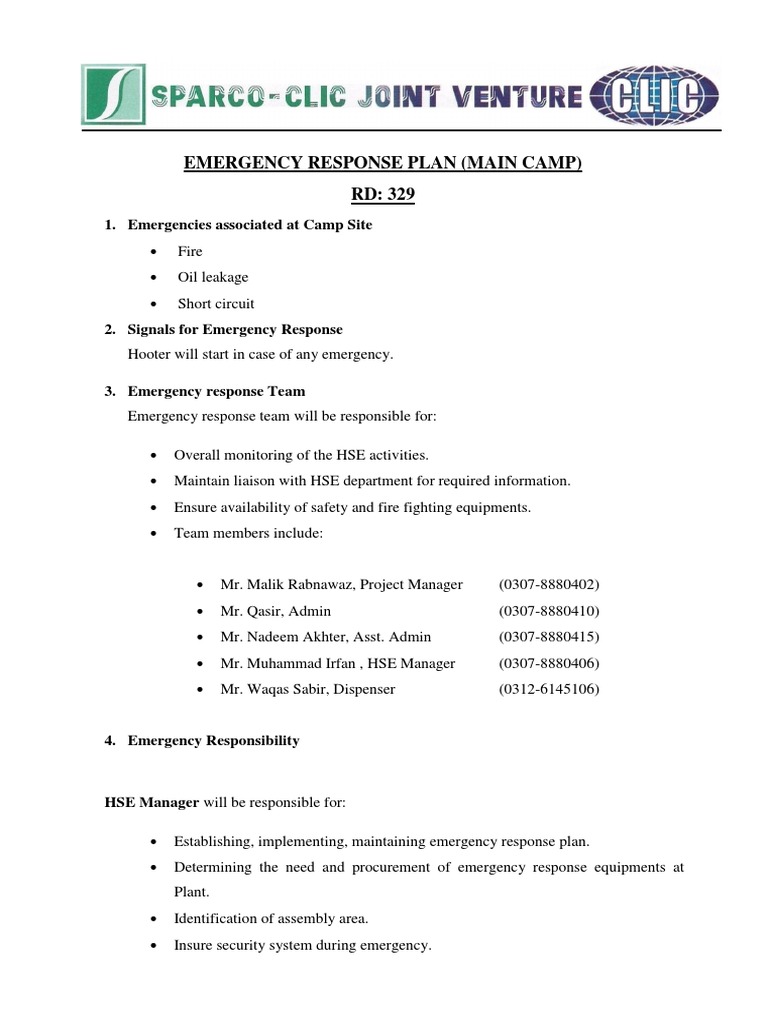 Emergency Response Plan (Main Camp) PDF | PDF | Emergency Services ...