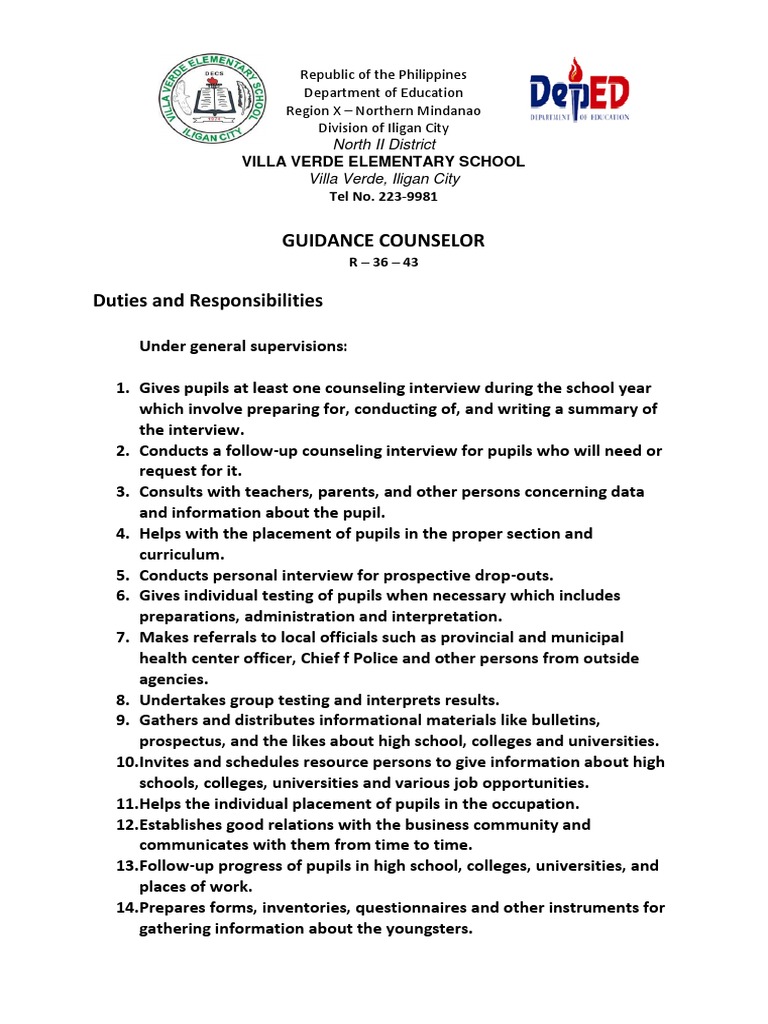Guidance Counselor: Villa Verde Elementary School Tel No. 223-9981 ...