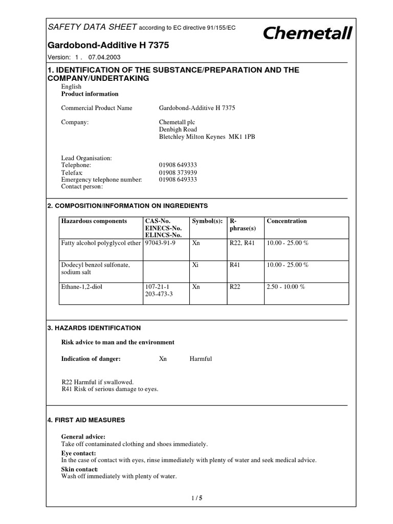 Gardobond_additive h 7375 Msds Ver1 | Hygiene | Personal Protective ...