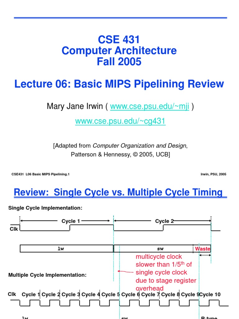 CSE 431 Computer Architecture Fall 2005 Lecture 06: Basic MIPS Pipelining Review | PDF | Central ...