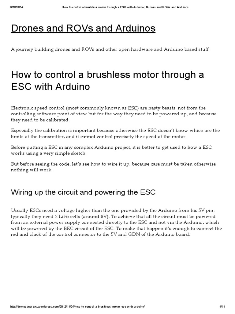 How To Control A Brushless Motor Through A Esc With Arduino Drones And Rovs And Arduinos Pdf
