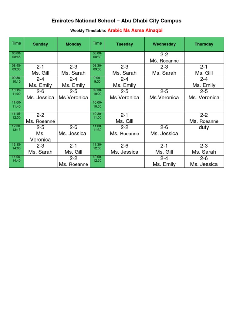 Weekly Arabic Timetable Overview | PDF | Sports & Recreation