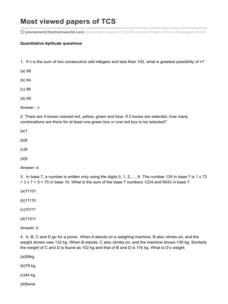 TCS Placement Papers: Top Questions | PDF