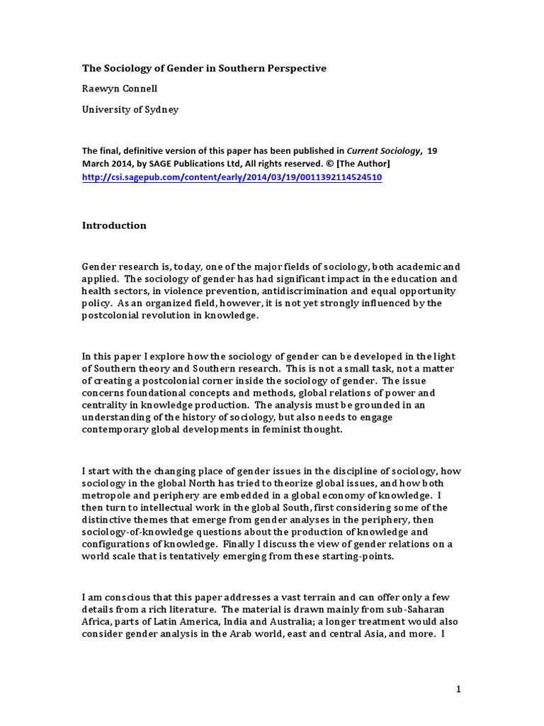 Connell (2014) Sociology of Gender in Southern Perspective PDF | PDF ...