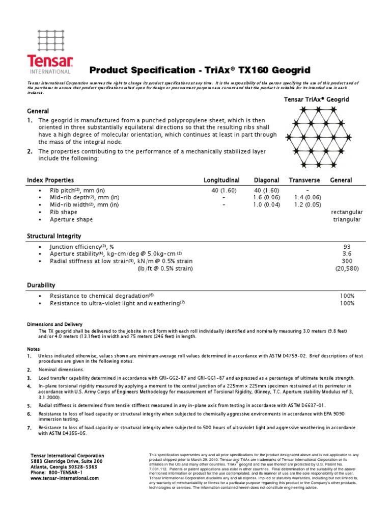 Product Specification - Triax ® Tx160 Geogrid | PDF | Stiffness ...