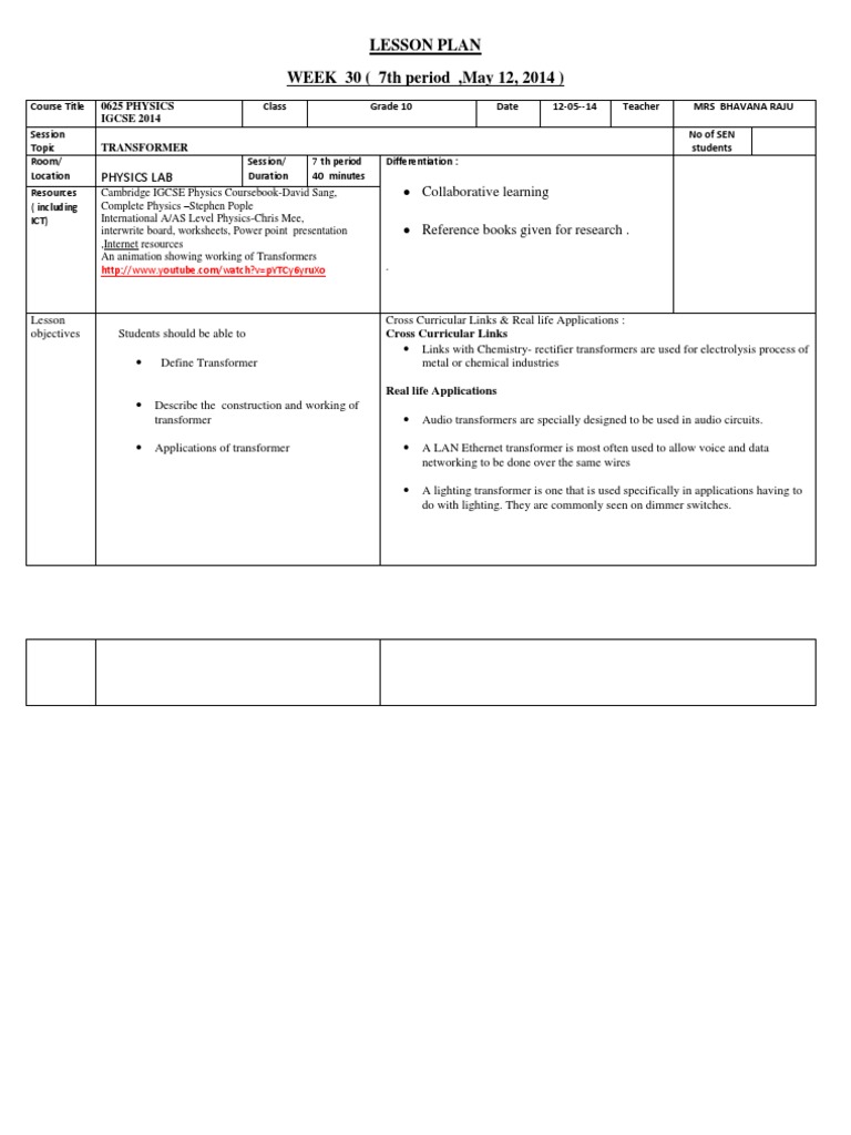 Lesson Plan WEEK 30 (7th Period, May 12, 2014) | PDF | Transformer ...