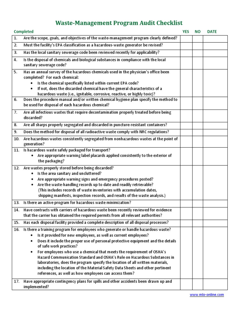 Waste-Management Program Audit Checklist | PDF | Dangerous Goods ...