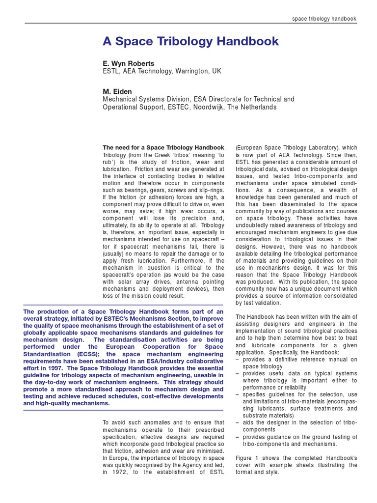 A Space Tribology Handbook: ESTL, AEA Technology, Warrington, UK | PDF ...