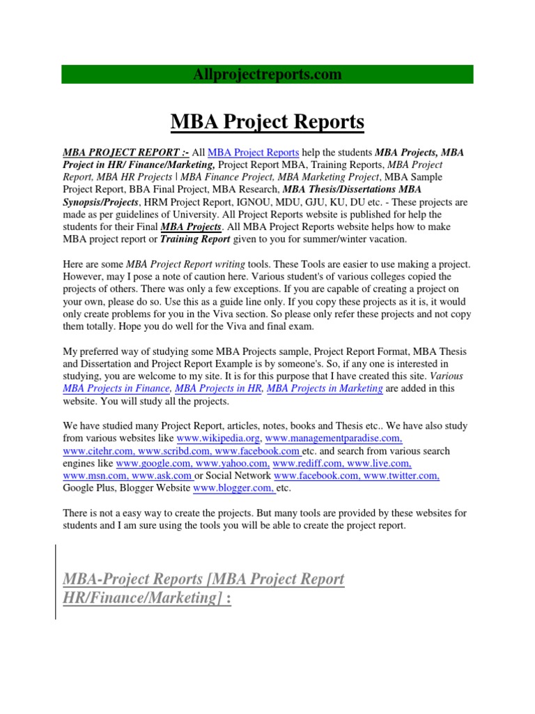 MBA-Project Reports (MBA Project Report HR/Finance/Marketing) | PDF