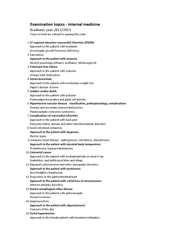 Examination Topics - Internal Medicine: Academic Year 2012/2013 | PDF ...