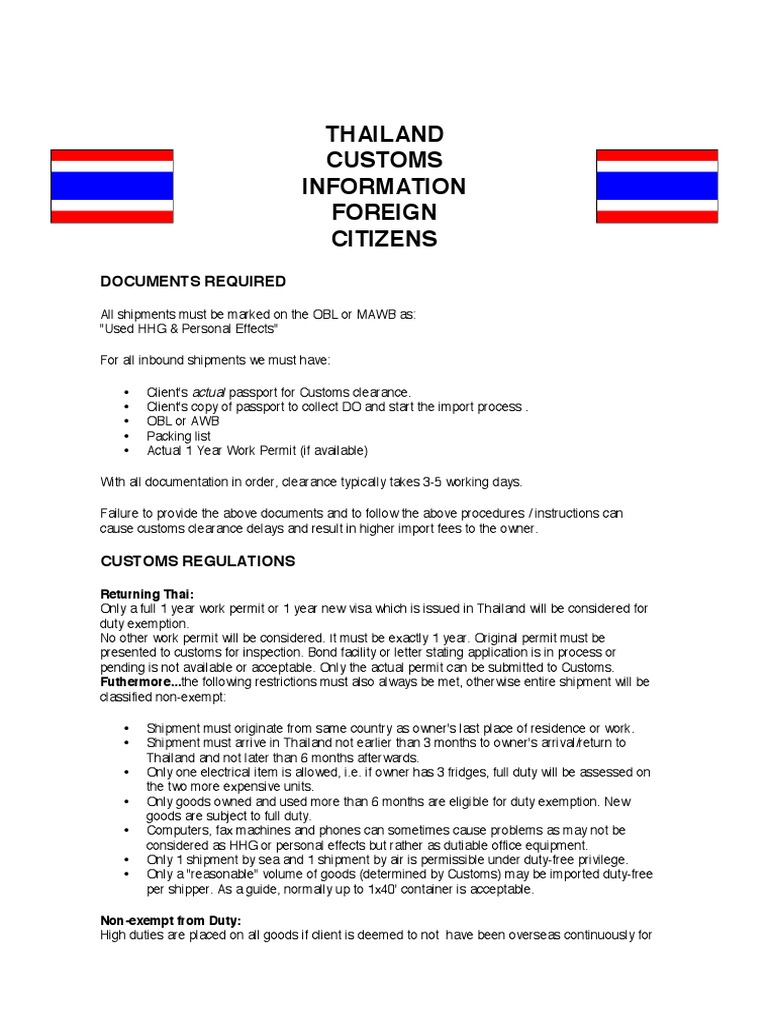 Thailand Customs Information Foreign Citizens: Documents Required | PDF ...
