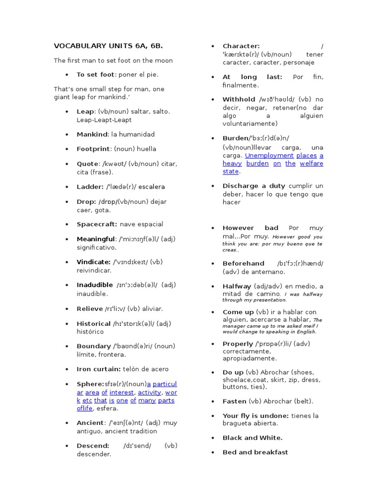Vocabulary Units 6a - B | PDF | Foreign Language Studies